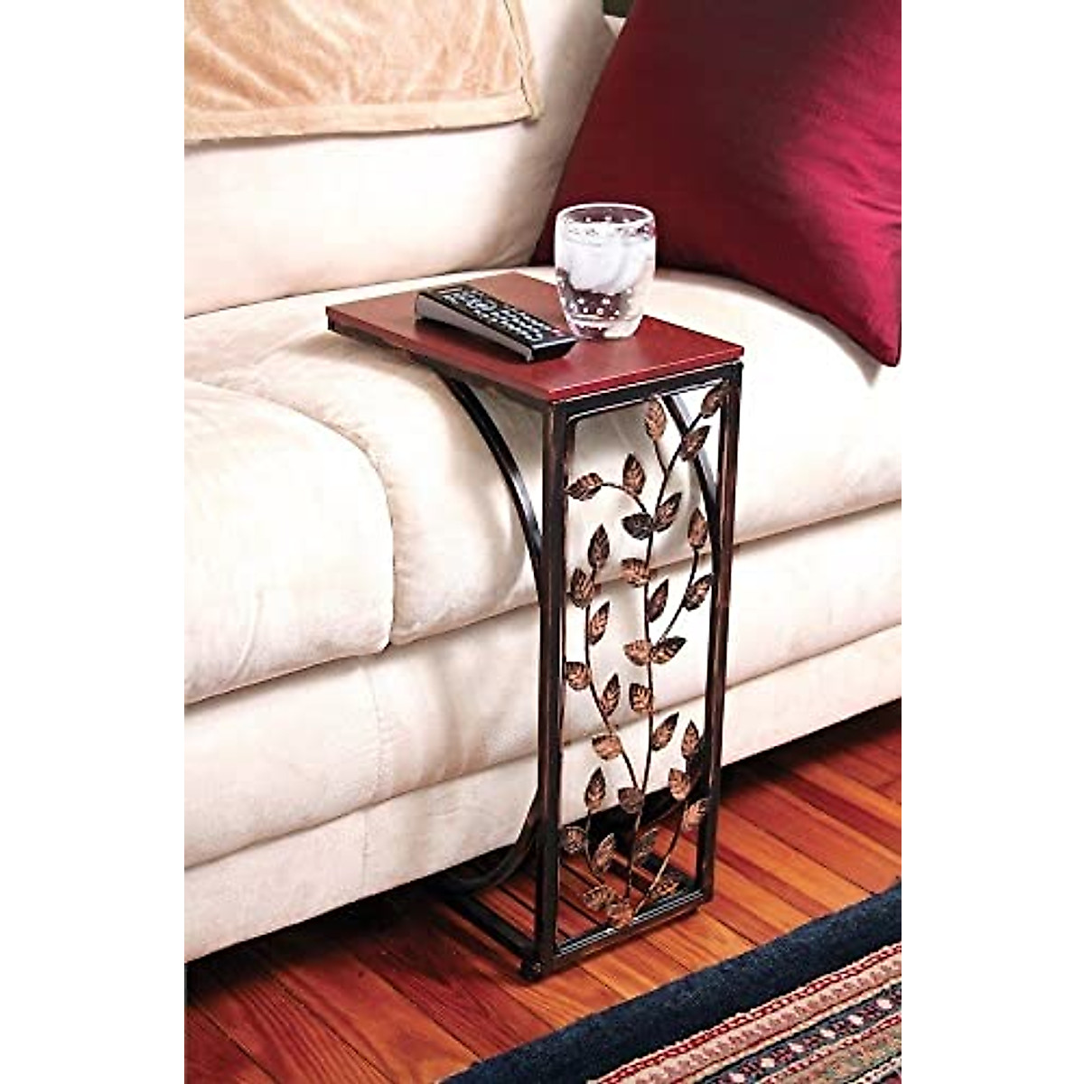 Sofa Side and End Table, Small - Metal, Dark Brown Wood Top With Leaf Design - Perfect for Your Living Room, Slides Up To Sofa / Chair / Recliner - Keep Snacks, Drinks Books & Phone At Easy Reach