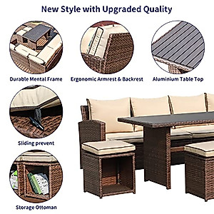 Verano Garden 7 Pieces Patio Furniture Set, Outdoor Patio Dining Sofa Set W/Cushion, Table & Ottoman, Clearance All Weather Outdoor Patio Furniture Set for Deck, Porch, Poolside, Backyard