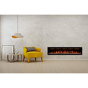 Masarflame Luxurious 74" Electric Fireplace, Wall Mounted&in Wall Recessed Fireplace Heater, Adjustable Flame Color & Top Light, Remote&Touch Control with Timer&Thermostat, Log & Crystal Set