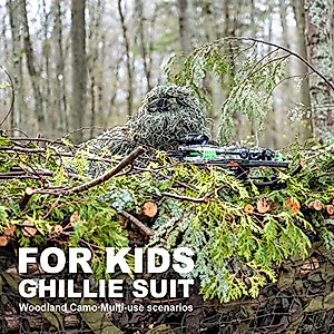 ANZOME 5in1 Kids Ghillie Suit, 3D Kid Camo Hunting Clothes Youth Gilly Suits with Carry Bag+Hood+Gillie Sniper Suit for Shooting Game, Halloween Costume Outfit for 4.5-5ft