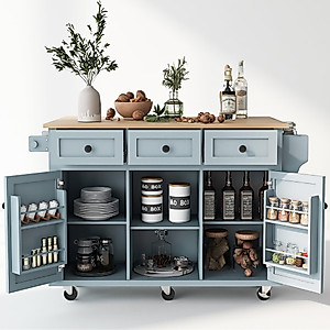 LUMISOL Kitchen Island with Drop Leaf, Rolling Kitchen Island Cart with Internal Storage Racks, Wood Kitchen Island on Wheels with Drawers, Spice Rack & Towel Rack, for Kitchen, Gray Blue