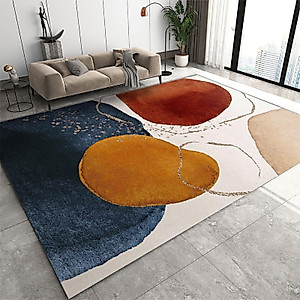 Mid Century Terracotta Geometric Area Rug, Burnt Orange Navy Block Gold Line Non Slip Carpet, Low Pile Easy Machine Washable Rug for Sofa Table Under Living Room Bedroom Decor Mat - 3 ft x 4 ft