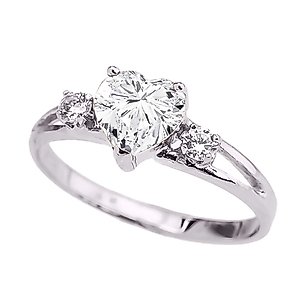 Modern Contemporary Rings 10k White Gold Heart Shape Cubic Zirconia & White Topaz Split Shank Three Stone Ring - Size 4