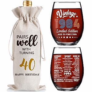 40th Birthday Gifts for Women Men, 40 Year Old Birthday Decoration Gift, Vintage 1984-40th Anniversary Party Supplies, 15 Oz 1 Stemless Wine Glass And 1 Wine Bag