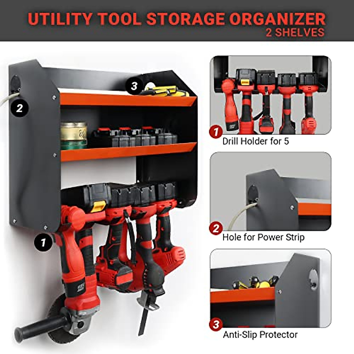 Wallmaster Power Tool Organizer, Wall Mount Drill Holder Garage Storage Tool Shelf Heavy Duty Steel Cordless D Upgraded Drill Charging Station Perfect for Father's Gift