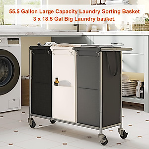 Heybly Laundry Basket,3 x 18.5 Gal Laundry Separator Hamper with Heavy Duty Rolling Wheels,Laundry Divider Sorter with Removable Bags for Dirty Clothes Storage, 40.2 x 15.4 x 33.1 Inches HLH022P03