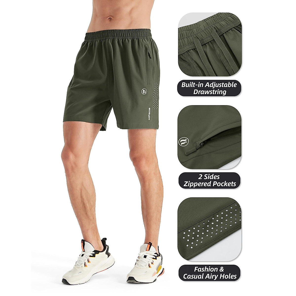 HIFEOS Mens Athletic Shorts -Running, Tennis Gym Workout Shorts for Men 5"/7"/9"- Comfort, Lightweight, 3 Zippered Pockets Army Green