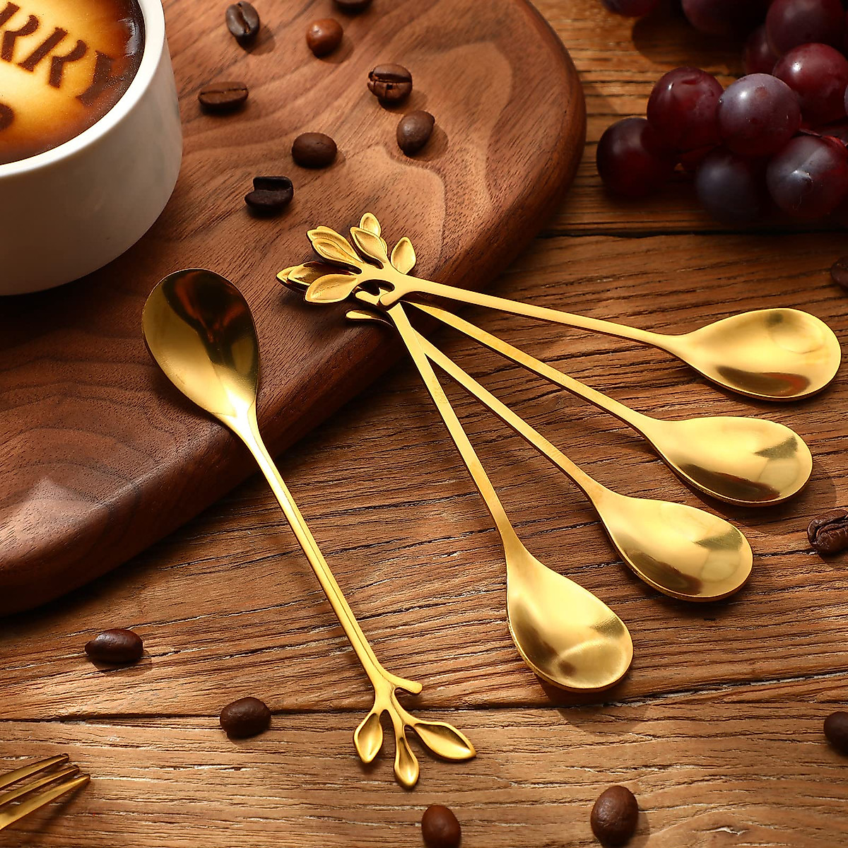 Stainless Steel Leaf Coffee Spoon and Appetizer Fork Tableware Dessert Spoon Mini Dessert Utensils Set Creative Demitasse Spoons and Forks for Stirring, Fruit, Cake, Coffee, Tea (Gold, 40 Pieces)