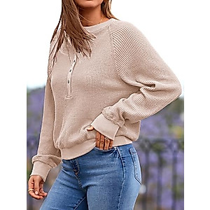 PRETTYGARDEN Womens 2023 Batwing Long Sleeve v Neck Sweater Drop Shoulder Button Waffle Knit Pullover Winter Slouchy Henley Tops (Beige, Medium)