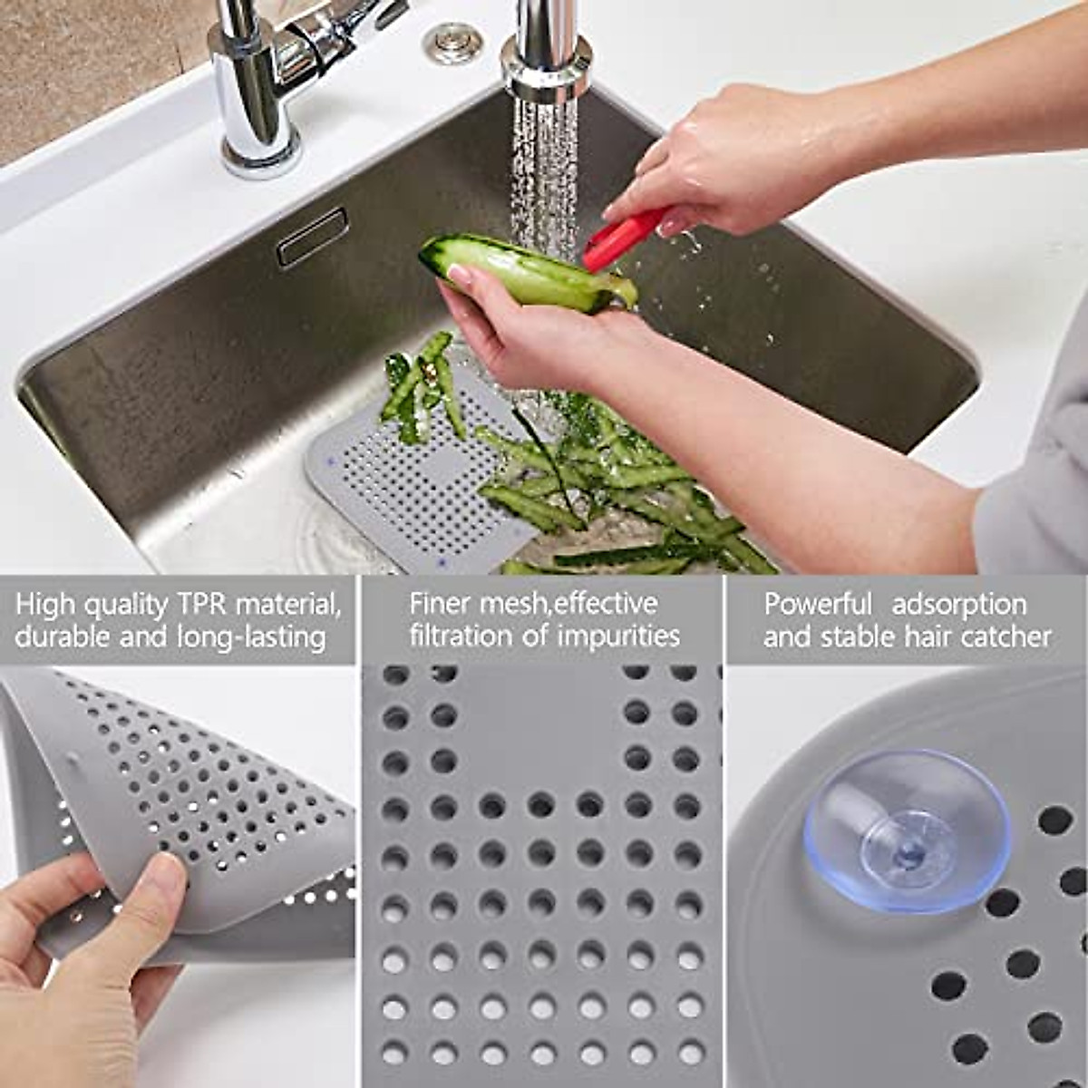 Drain Hair Catcher, 4 Pack Square Drain Cover for Shower Silicone Hair Stopper Bathroom Sink Strainer with Adjustable Suction Cups (2 Grey + 2 White)