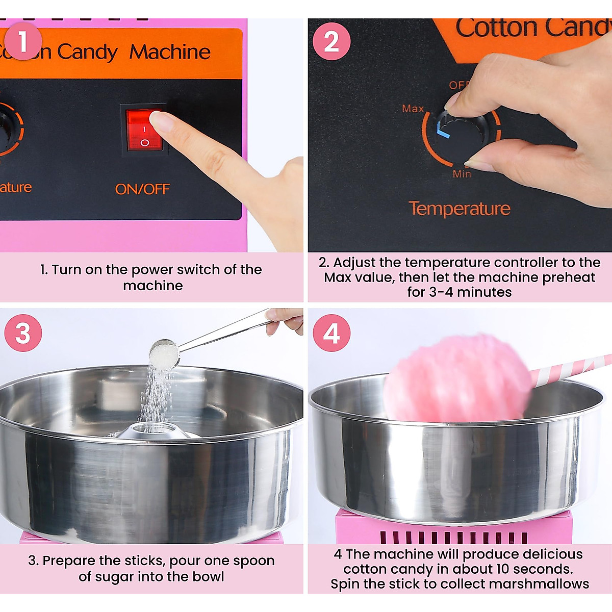 Cotton Candy Machine Commercial, 1000W Electric Cotton Candy Maker Machine, Candy Floss Machine with Stainless Steel Bowl and Sugar Scoop for Kids Birthday, Family Party Pink