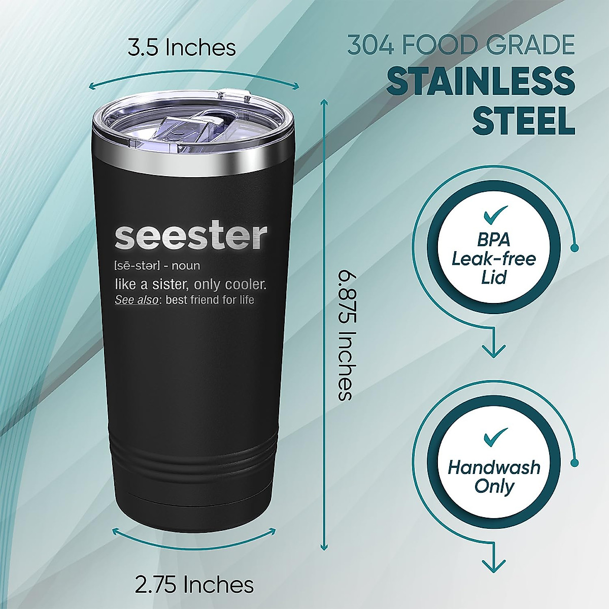shop4ever Seester Definition Insulated Tumbler 20 oz. with Lid, Stainless Steel Cups Travel Coffee Mug Funny Gift for Sister Best Friend (Black)
