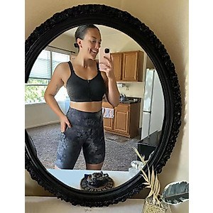 HeyNuts High Waisted Biker Shorts with Pockets for Women, Workout Compression Yoga Leggings Cycling Shorts 8'' Diamond Dye Coal Black M(8/10)