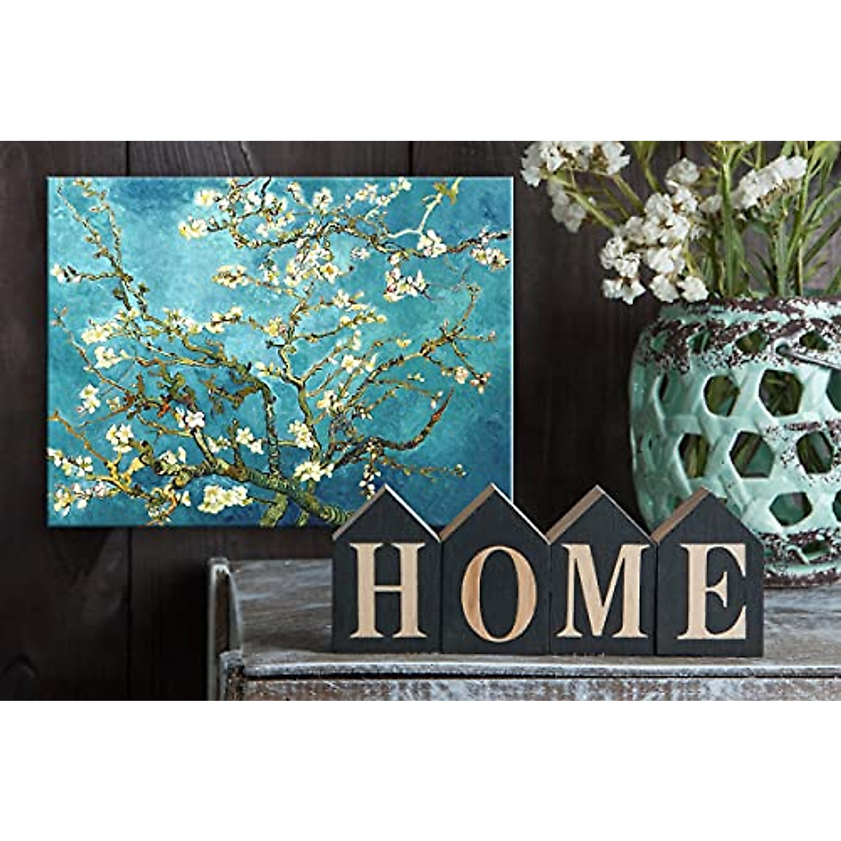 Wieco Art Almond Blossom Modern Framed Floral Giclee Canvas Prints By Van Gogh Famous Oil Paintings Reproduction Flowers Pictures on Canvas Wall Art Ready to Hang for Bedroom Home Decorations