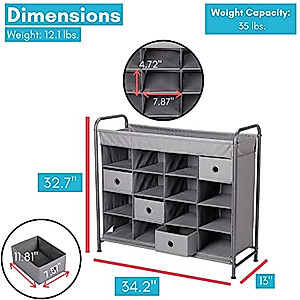 BirdRock Home 16 Cubby Shoe Rack Organizer with 4 Drawers - Grey - Free Standing Cabinet for Closet - Sturdy Metal Frame - Space Saver - Bedroom Organization