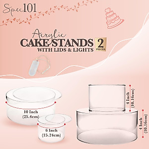 Spec101 Fillable Cake Display Stand, 10in and 6in Diameter, Clear Acrylic, Battery Powered LED Light Strip Included