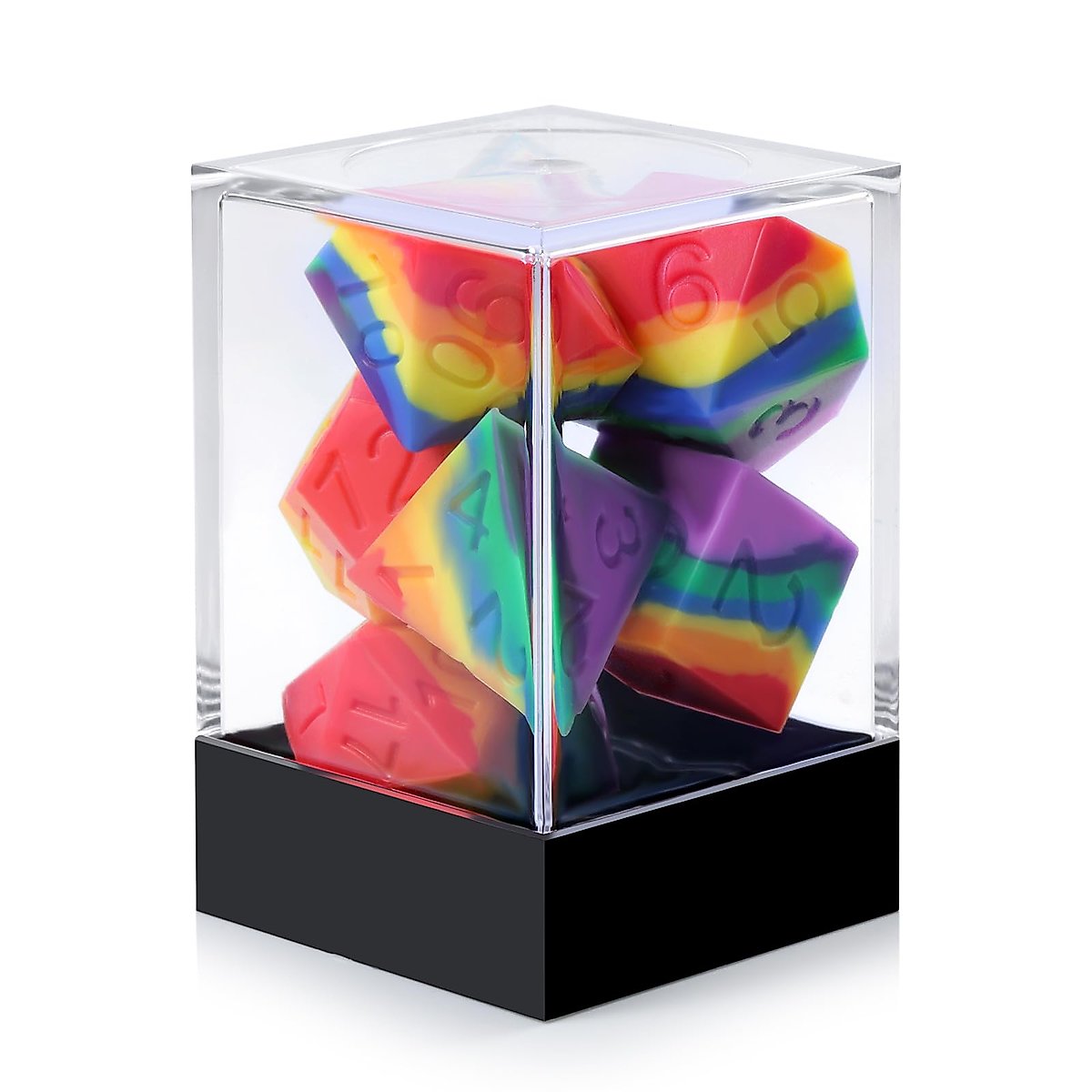 Silicone DND Dice Set, DNDND 7PCS Silicone Squishy Rubber D&D Dice with Clear Plastic Display Case for Dungeons and Dragons Role Playing Games and Tabletop Games（Rainbow