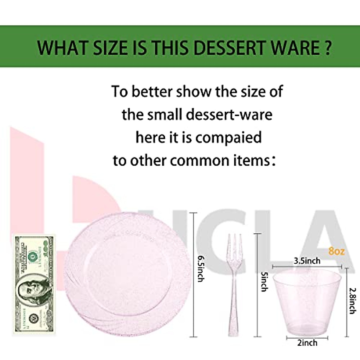 BUCLA 100pack Dessert Plates Pink Plates 6.5inch -100pack Plastic Dessert Forks 5inch-100Pack Disposable 9oz Rose Pink Plastic Cups- Perfect for Weddings& Parties&Mothers Day Plates