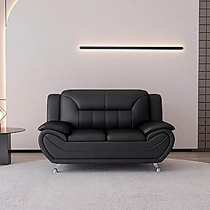 Container Furniture Direct Michael Modern Faux Leather Upholstered Stainless Steel Legs Living Room Loveseat, Midnight Black