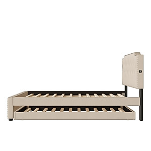 FANYHOME Queen Size Upholstered Platform Bed with Twin Size Trundle and 2 Sets of USB Ports on Each Side, Linen Fabric, Beige