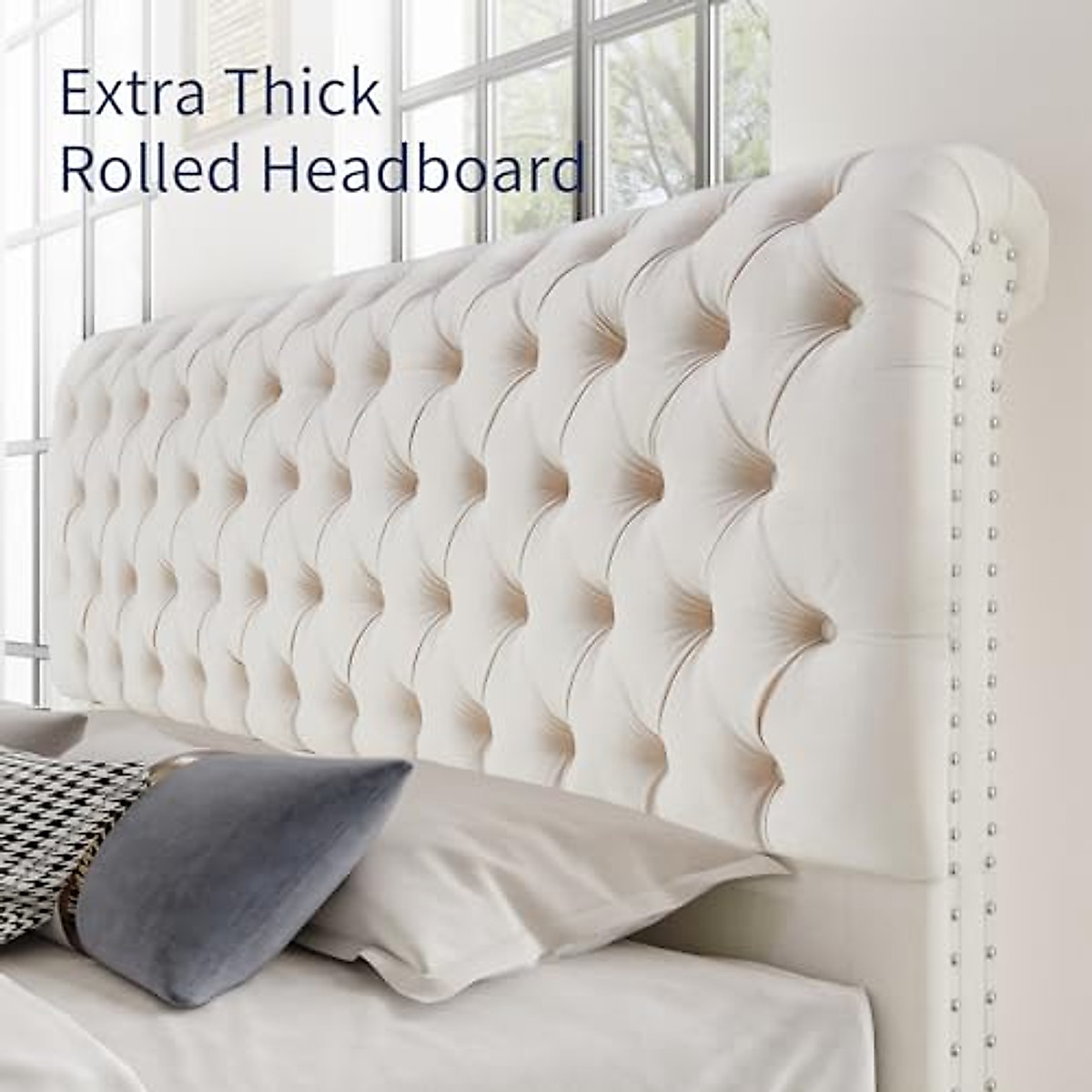 Jocisland Queen Size Bed Frame, Velvet Upholstered Platform Sleigh Bed with Scroll Headboard & Footboard, Button Tufted, No Box Spring Needed, Beige