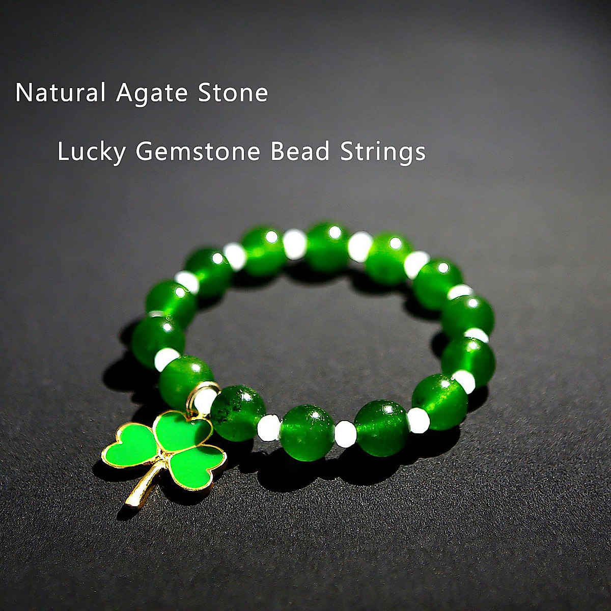 ALoveSoul Natural Agate Stone Lucky Clover Beaded Bracelet Shamrock Chram Bracelet St Patricks Day Party Accessories Decorations