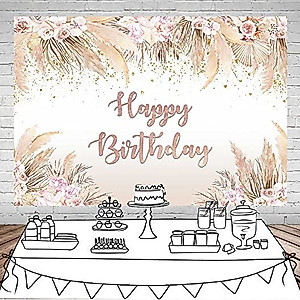 Mocsicka Boho Happy Birthday Backdrop Women Girls Boho Chic Pink Flowers Birthday Background Vinyl Bohemian Pampas Grass Party Cake Table Decorations Photo Booth (7x5ft)