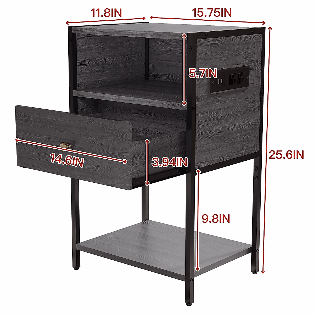LDTTCUK Nightstand with Charging Station, Modern End Table with Drawer, Bedside Table with Open Storage for Bedroom, Grey