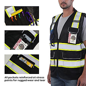 Neopelta Reflective Safety Vest Black Mesh, High Visibility Vest with Pockets and Zipper, Padded Neck, Black with Yellow Trim L
