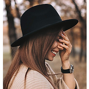 Lanzom Women Wide Brim Warm Wool Fedora Hat Retro Style Belt Panama Hat (Black, One Size)