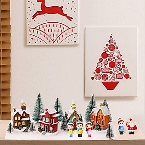 18 Pcs Christmas Village Set Includes 4 LED Lighted Christmas Village Houses 4 Boys Girls Figurines Resin Santa Model 8 Mini Christmas Tree Snow Blanket Roll Winter Xmas Village Collection for Desktop