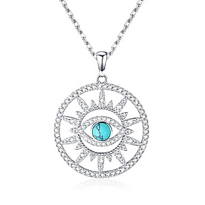 BDL Evil Eye Necklace - Sterling Silver Natural Turquoise Genuine With 5A Cubic Zirconia, Third Eye Necklace Ojo Turco Pendant, Christmas Gifts for Women Girls