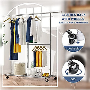Raybee Clothes Rack Heavy Duty 405LBS Clothing Racks for Hanging Clothes 200+ Rolling Clothes Rack with Wheels Garment Rack Heavy Duty Clothing Rack with Shelves Portable Clothes Rack,Metal,Silver