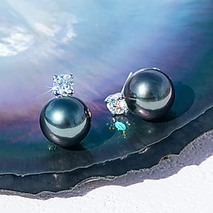 Mihiarii 11MM Tahitian Black Pearl Stud Earrings 10K Solid White Gold Moissanite Birthday Anniversary Mothers Day Valentines Day Christmas Gifts for Mom Her Women