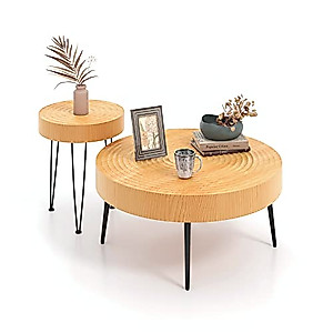 GOFLAME Round Coffee Table Set of 2, Farmhouse Boho End Tables with Natural Finish & Wood Ring Motif, Solid Wood Nesting Side Tables with Metal Legs & Adjustable Foot Pads for Living Room, Bedroom