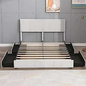 ZAFLY Platform California King Size Bed Frame with Adjustable Headboard,Upholstered Cal King Bed Frame with 4 Storage Drawers,Wooden Slats Support,No Box Spring Needed,Easy Assembly (Beige), 21052-CK