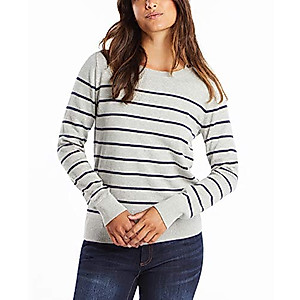 Nautica womens Year-round Long Sleeve 100% Cotton Striped Crewneck Sweater, Grey Heather, Medium US