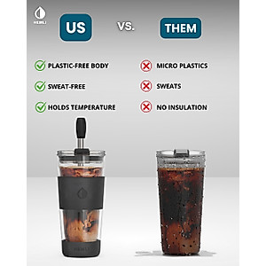 Hemli 19 oz. Clear Double Wall Glass Coffee Tumbler, To Go Glass Travel Mug with Lid, Portable Glass Thermos with Straw, Reusable Cup for Coffee, Tea, Smoothies, Ice Coffee, and Boba (Black)