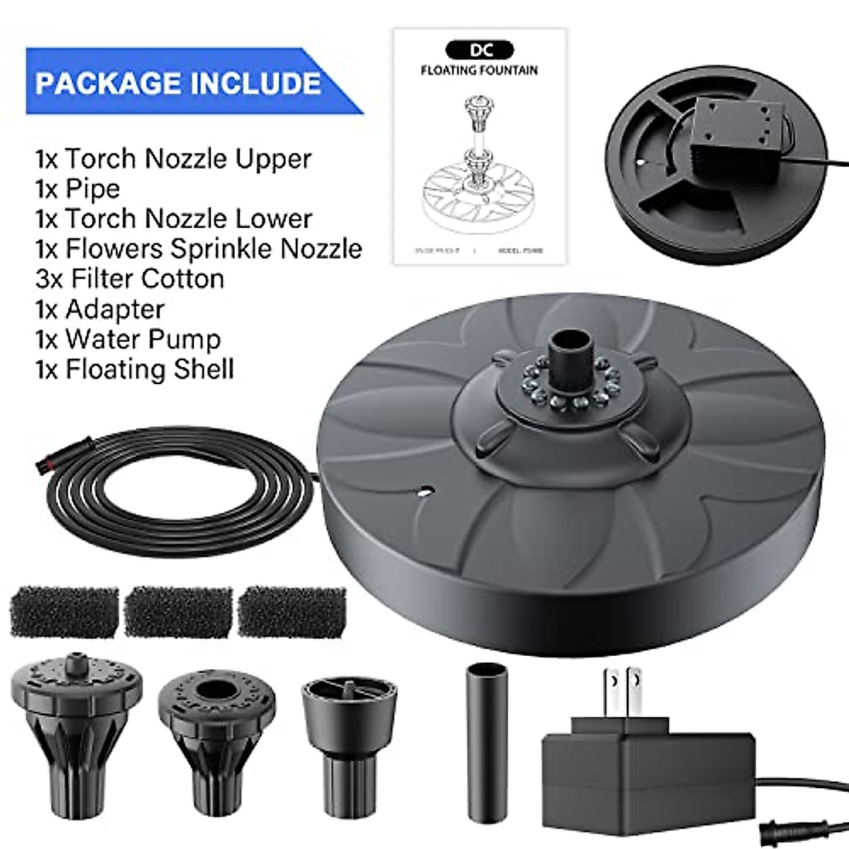 Yzert Pond Fountain Pump with 12 LED Lights, 32.8ft Power Cord Adapter 6W Outdoor Pool Fountains with 2-Tier Floating Water Garden Fountain for Garden Ponds Pool Outdoor Play