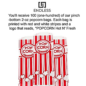 Endless Paper Popcorn Bags 1 oz. (Pack of 100), Red & White popcorn bags - popcorn paper bags, pop corn bag, Carnivals, Snack Bars, Birthday Parties, Home and Movie Nights - Grease Resistant