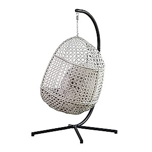 PRIVATE GARDEN Large Hanging Egg Chair with Stand Upgraded Wicker Egg Swing Chair Outdoor Indoor PE Rattan Hanging Chair with Grey Comfort Cushion Heavy Duty C-Stand