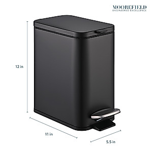 Moorefield Slim Rectangular Wastebin, 1.3 Gallon/5L Capacity Garbage Can with Soft Close Lid, Premium Stainless Steel Step Pedal Trash Can (Matte Black)