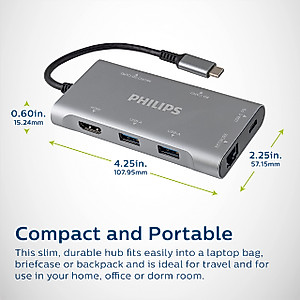 Philips USB C Hub with Power Pass-Through, 7-in-1 Multiport Adapter, 1 HDMI 4K@30Hz, 60W USB-C Power Delivery, 2 USB 3.0, 1 Ethernet, 1 SD 1 MicroSD Card Reader, DLK9120C/27