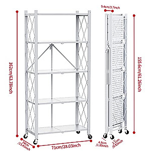 Mochubang Foldable Storage Shelves Unit, 5-Tier Folding Shelf Steel Shelving Rack Organizer Cart with Rolling Wheels for Mobile in Kitchen, Warehouse, Closet, Patio, Pantry Organization (White)