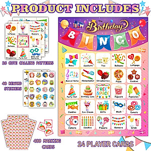 Birthday Bingo Game for Kids Toddlers 24 Players Happy Birthday Bingo Cards with 40Pcs Reward Stickers School Family Party Favors Gifts Classroom Activities Board Game Holiday