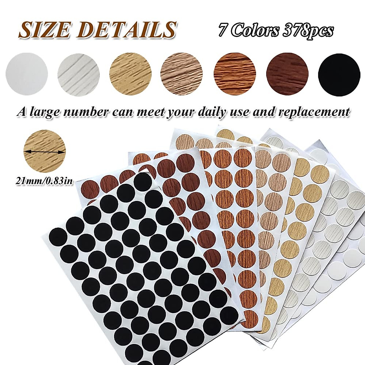 Adhesive Screw Stickers, Dustproof Screw Hole Sticker, 21mm PVC Cover Caps, 7 Colors 378pcs Waterproof Wood Textured Cover for Cabinets Wardrobe Bookcase Desk Furniture Wall Screw Cam Locks Repairing