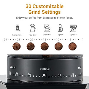 Ollygrin Electric Conical Burr Coffee Grinder, Coffee Bean Grinder Stainless Steel with Digital Timer Display, Coffee Bean Burr Mill Grinder with 30 Precise Grind Settings 12 Cups SilverV02S