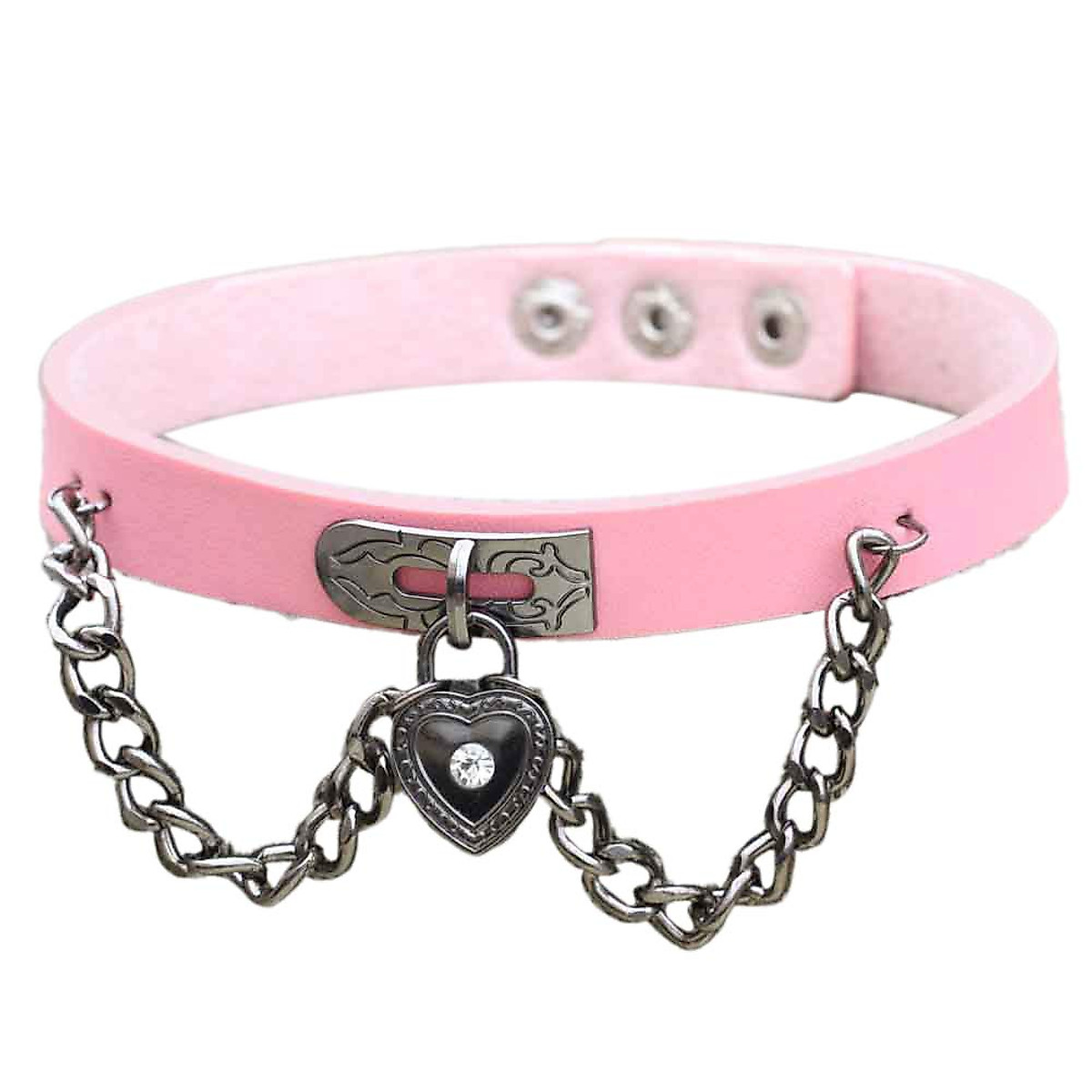 Gothic 7 Pcs Heart Round Circle Chain Detachable Pendant Leather Adjustable Choker Collar Cosplay Punk Necklace Set Halloween Costume Jewelry for Women Teens-pink