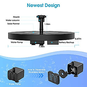 2.5W Solar Fountain Pump with 1200mAh Battery, Solar Water Pump Floating Fountain with 6 Nozzles, for Bird Bath, Fish Tank, Pond or Garden Decoration Pond heaters for Outdoor Ponds