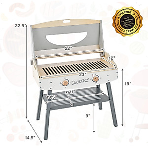 HONEY JOY Kids Pretend Barbecue Grill Playset, Wooden BBQ Toy Set w/ 17 Play Food& Cooking Accessories, 4 Solid Wood Legs, Interactive Kids Kitchen Playset Gift for Toddler Boys & Girls Age 3+